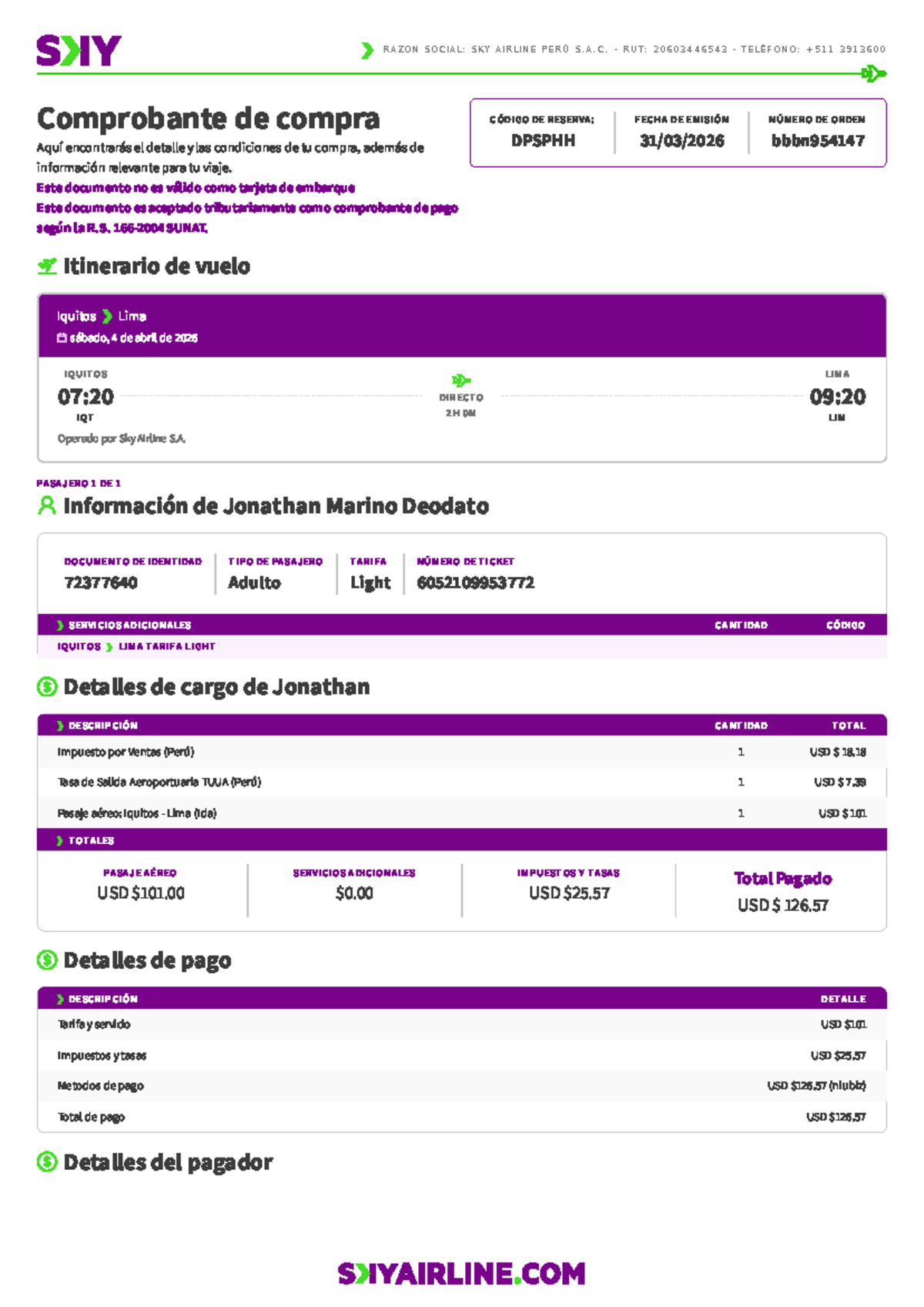 Comprobante de Compra y Detalles de Vuelo - SKY AIRLINE PERÚ - Studocu