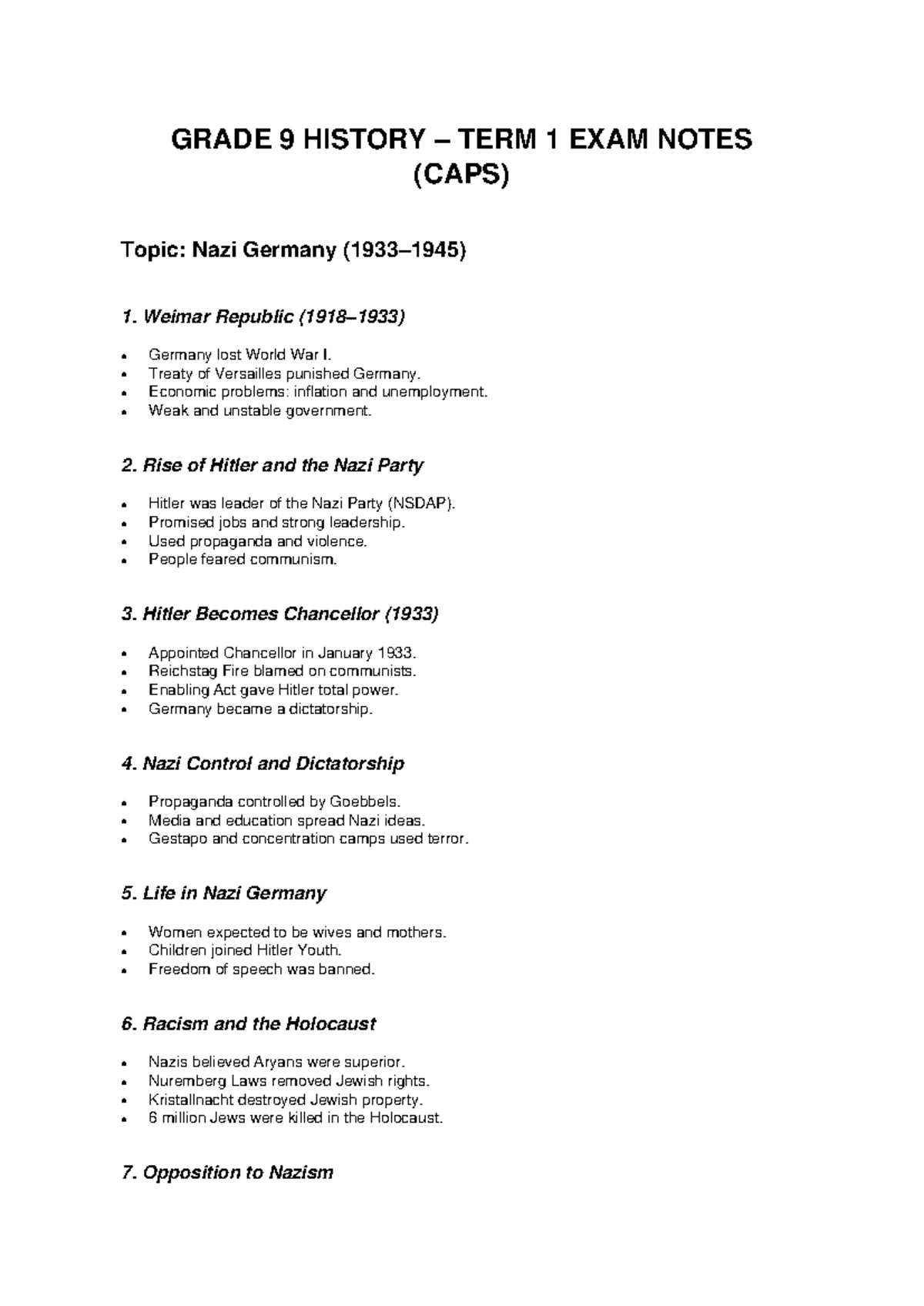 GRADE 9 HISTORY TERM 1 EXAM NOTES: NAZI GERMANY OVERVIEW - Studocu