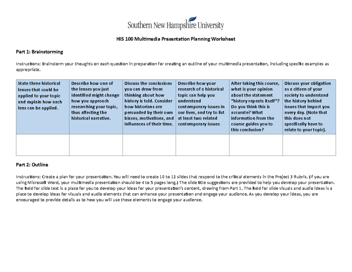 HIS 100 Multimedia Presentation Planning Worksheet: Brainstorming ...