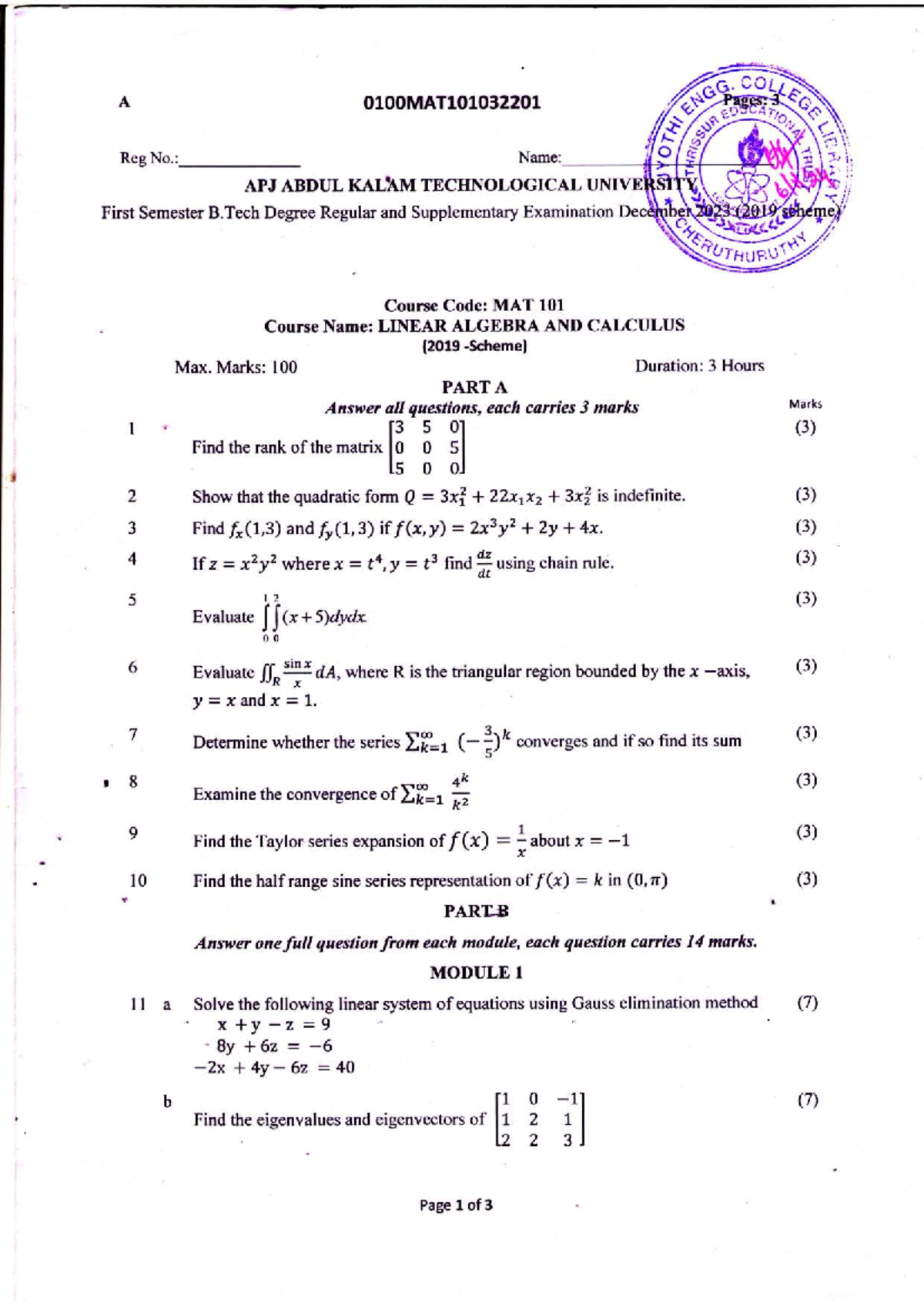 MAT101 Final Exam: Linear Algebra and Calculus, Dec 2023 - Studocu