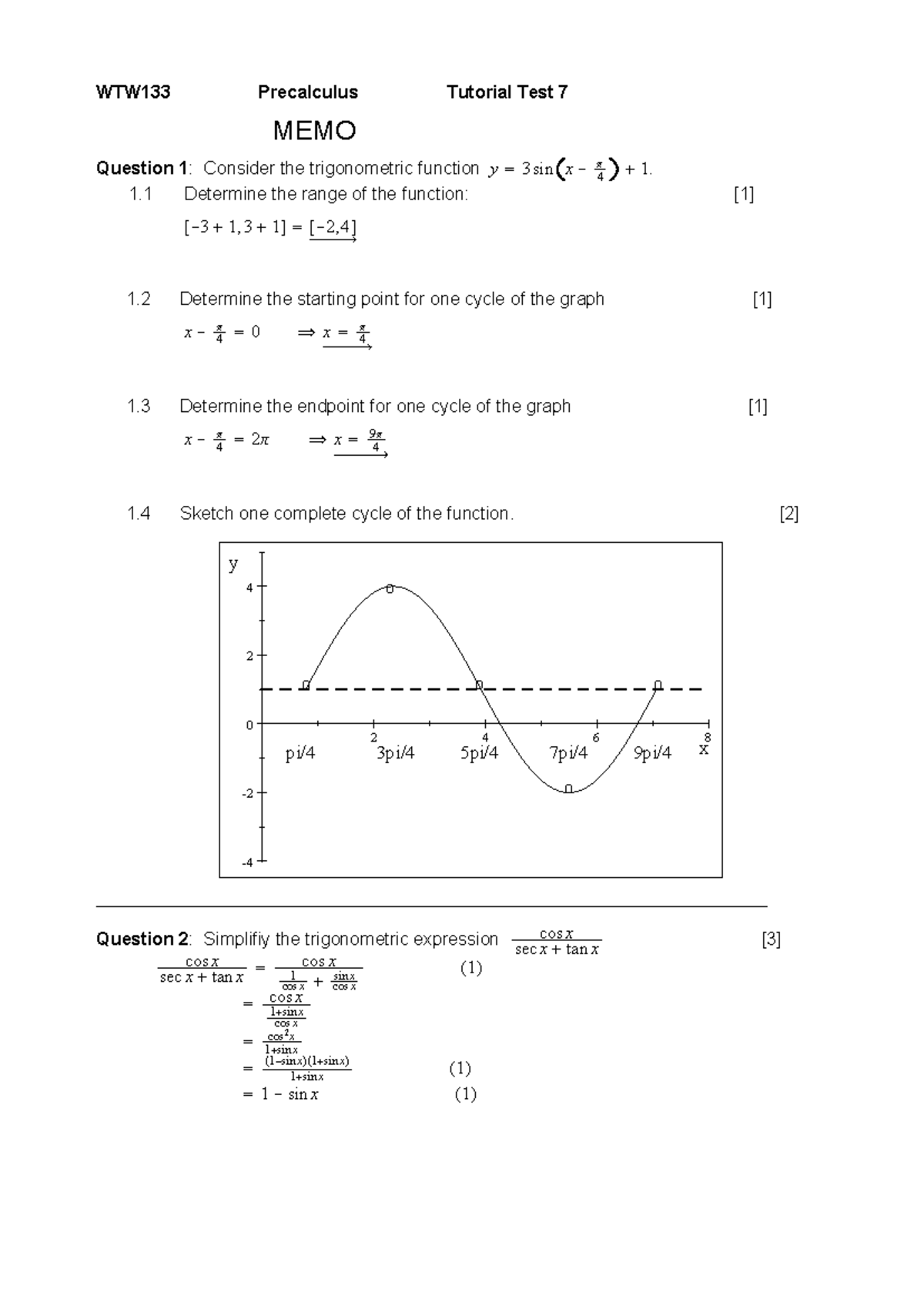 WTW133 Precalculus Tutorial Test 7 Memorandum Analysis - Studocu