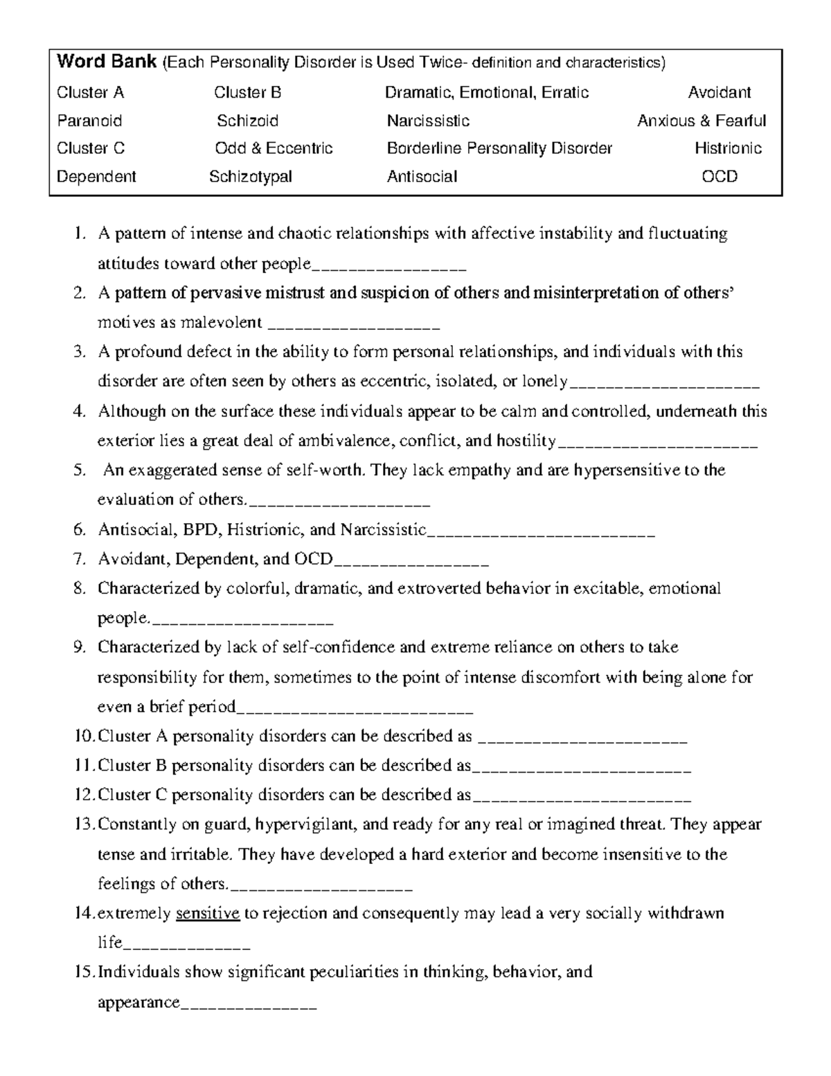 Personality Disorder worksheet - Word Bank (Each Personality Disorder ...