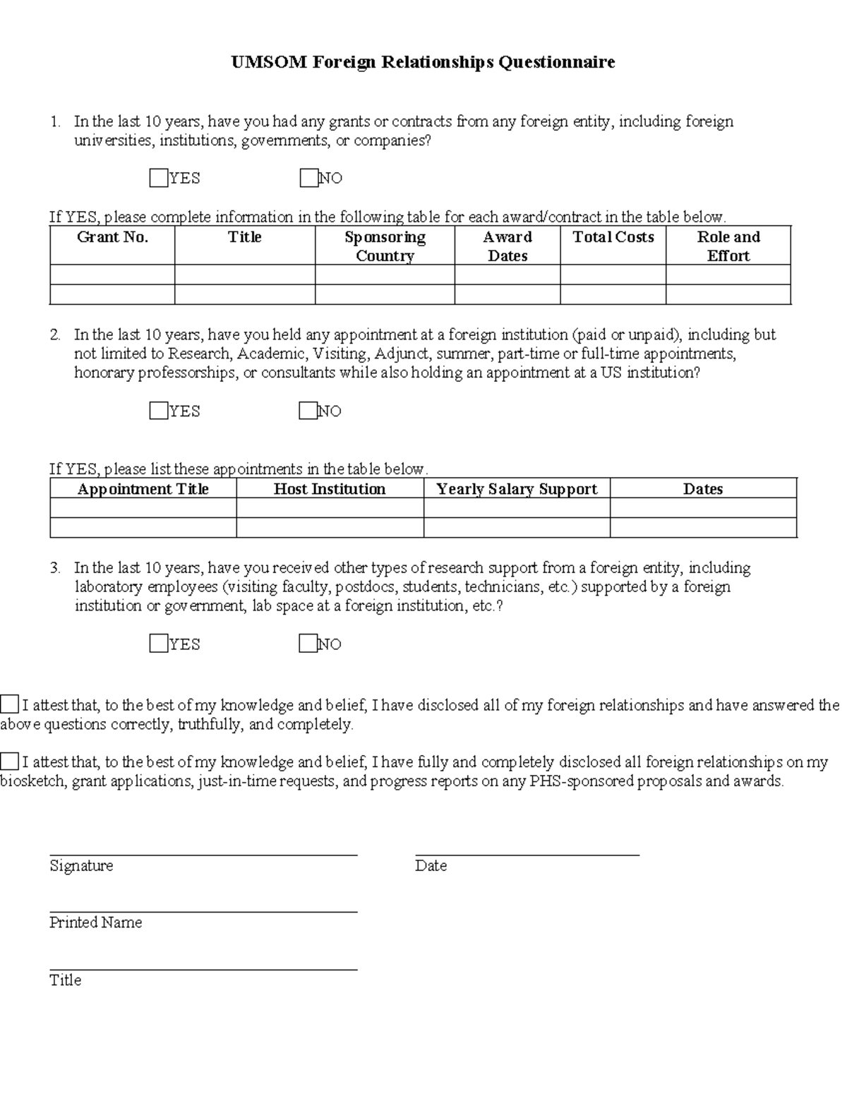 UMSOM Foreign Relationships Questionnaire Form - Studocu
