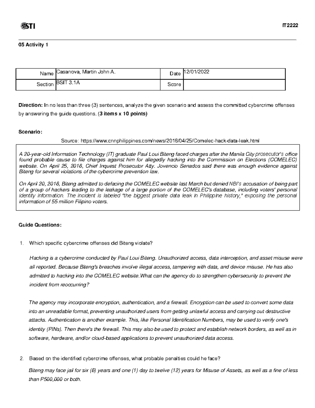 05 Activity 1 IT Cybercrime Analysis: Case of Paul Loui Biteng - Studocu