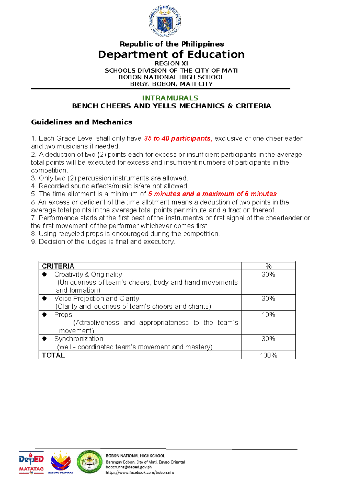 Bench Cheering Mechanics and Criteria for Intramurals - Studocu