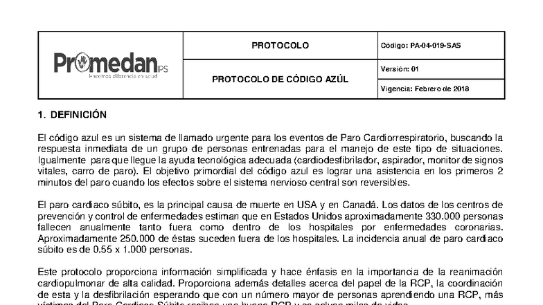 PROTOCOLO DE CÓDIGO AZÚL PA 04 019 SAS - Versión 01 - Studocu