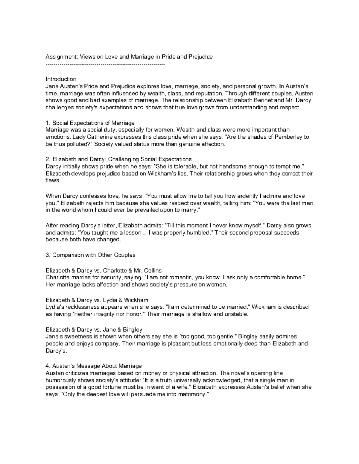 Pride and Prejudice Assignment: Analyzing Love and Marriage - Studocu