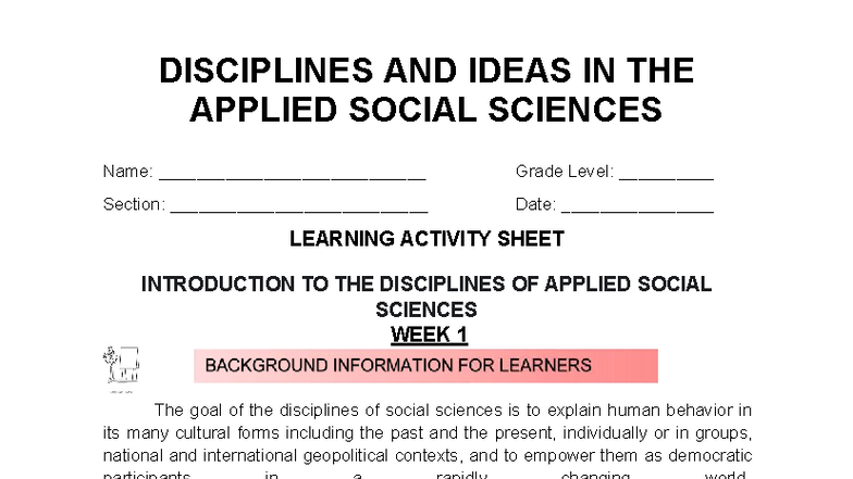 HUMSS_DIASS Week 1 Learning Activity Sheet: Applied Social Sciences ...