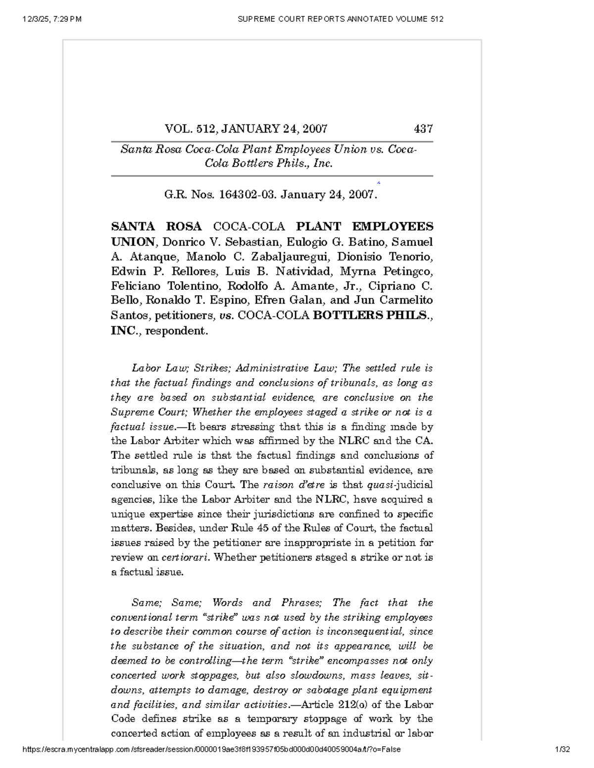 Santa Rosa Plant Employees Union vs. CocaCola Bottlers Phils., Inc. - G ...