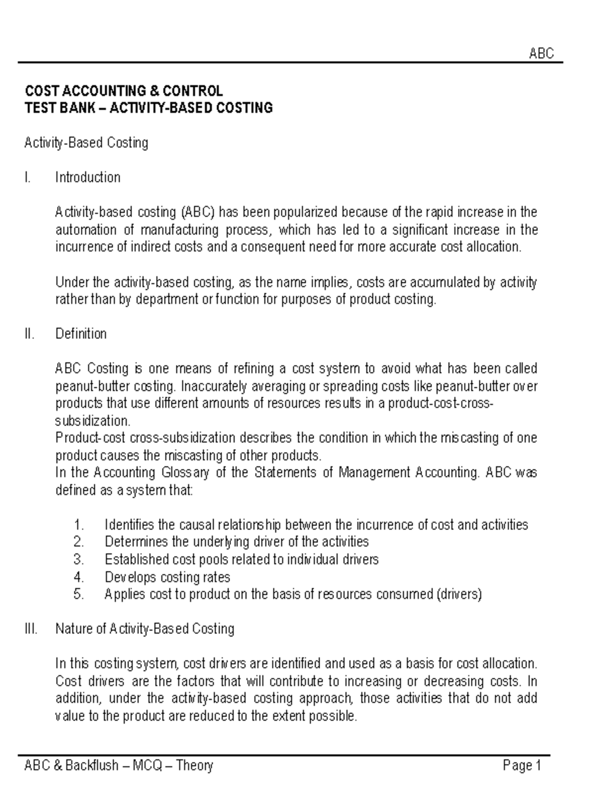 ABC 101: Test Bank on Activity-Based Costing & Cost Control - Studocu