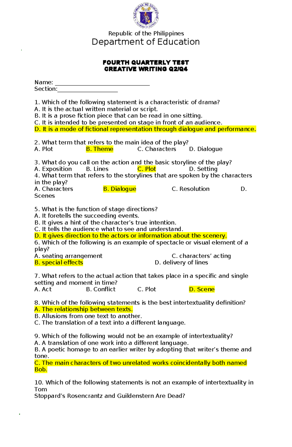 Creative Writing Test Q2 with Answers (Course Code: 891441988) - Studocu