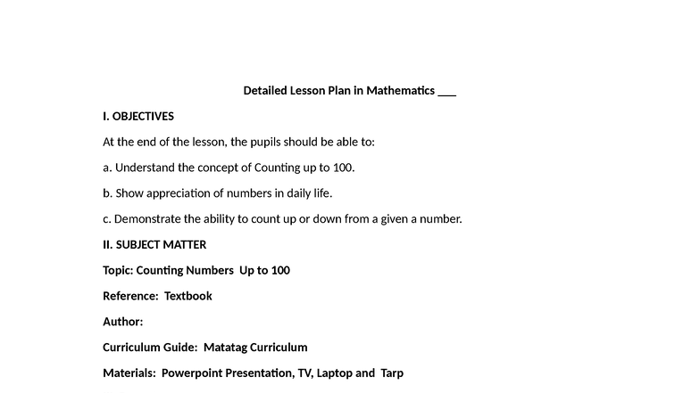 Mathematics I Detailed Lesson Plan: Counting Numbers Up to 100 - Studocu