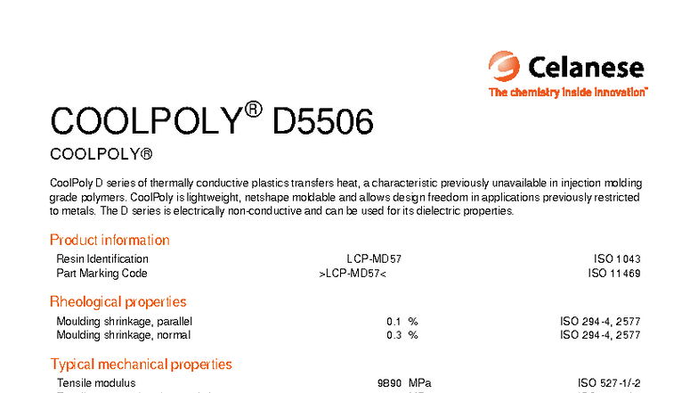 CoolPoly D5506 Technical Datasheet: Thermally Conductive Plastics - Studocu