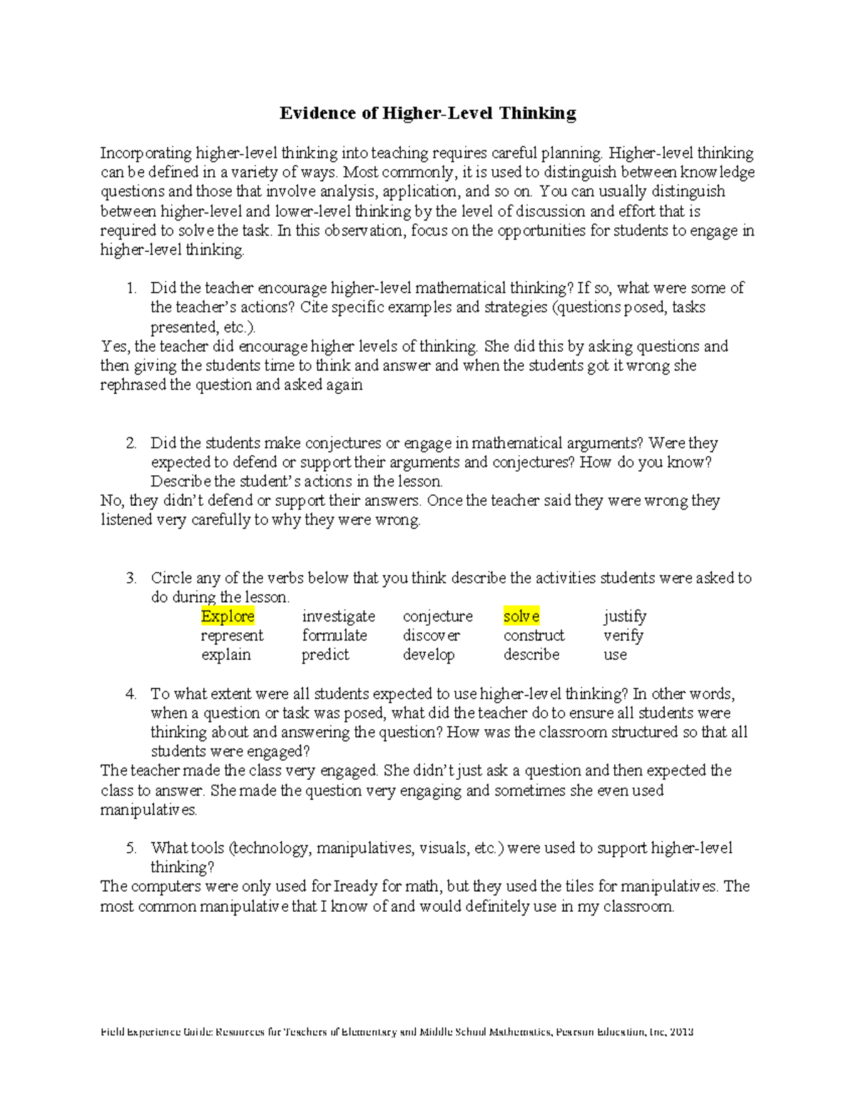 Field Experience Activity 2: Encouraging Mathematical Thinking in Class ...
