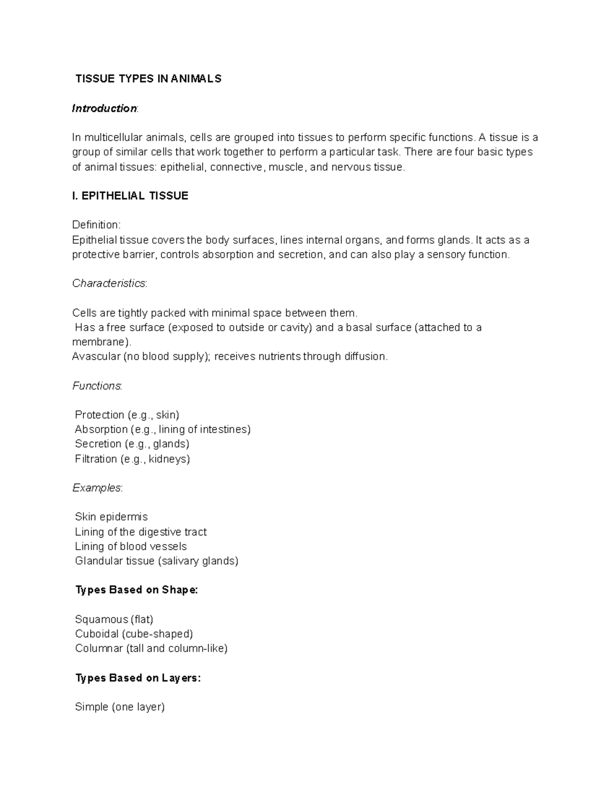 ANAT 101: Types of Tissues in Animals - Overview and Functions - Studocu
