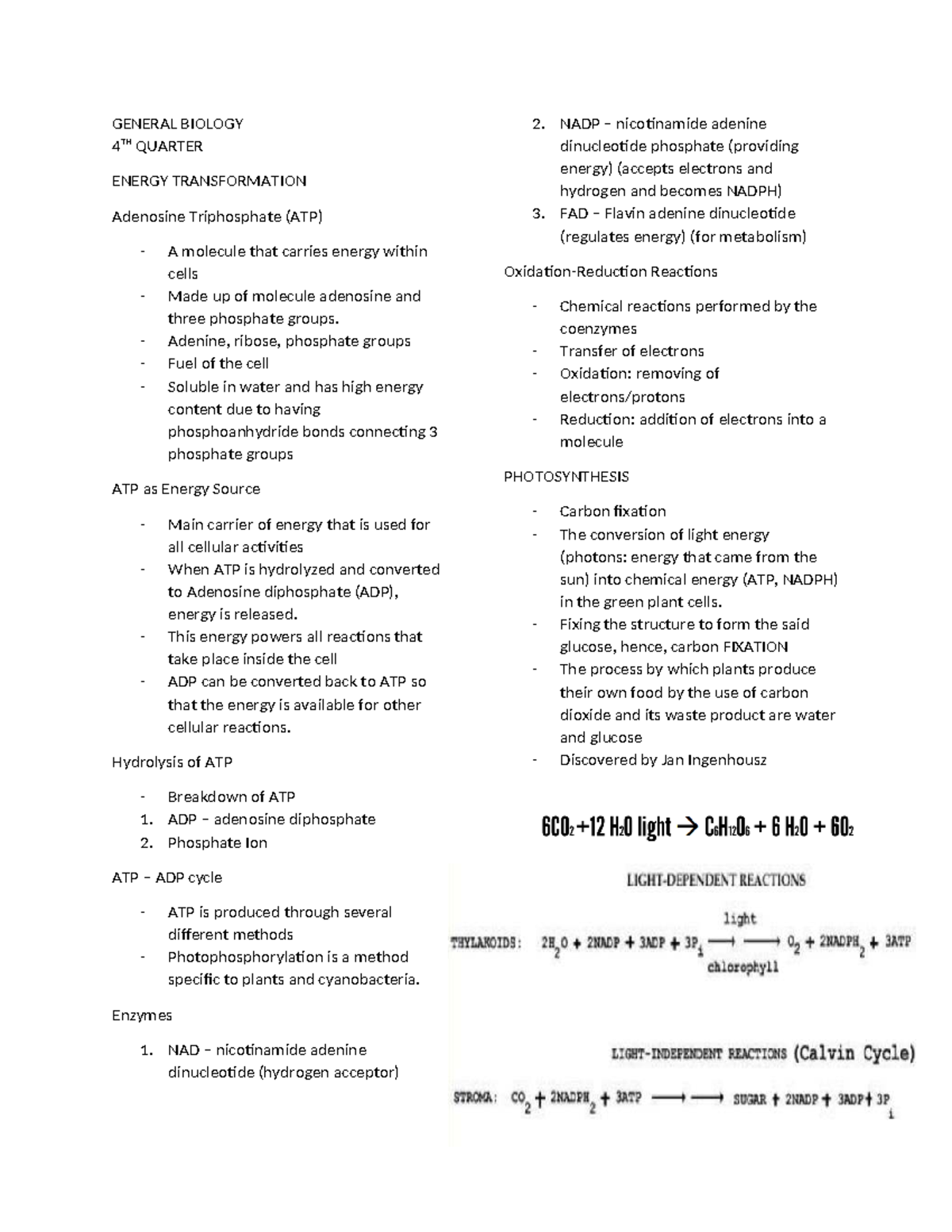 GENERAL BIOLOGY 4TH QTR EXAM: ENERGY TRANSFORMATION & PHOTOSYNTHESIS ...