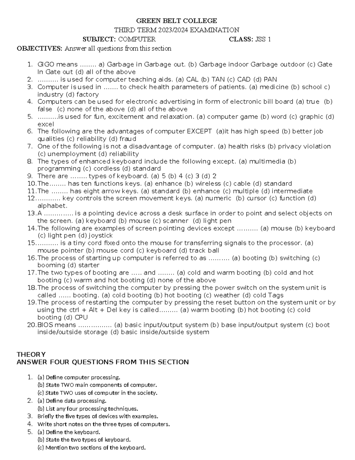 JSS1 Computer Third Term 2023/2024 Exam Questions and Answers - Studocu