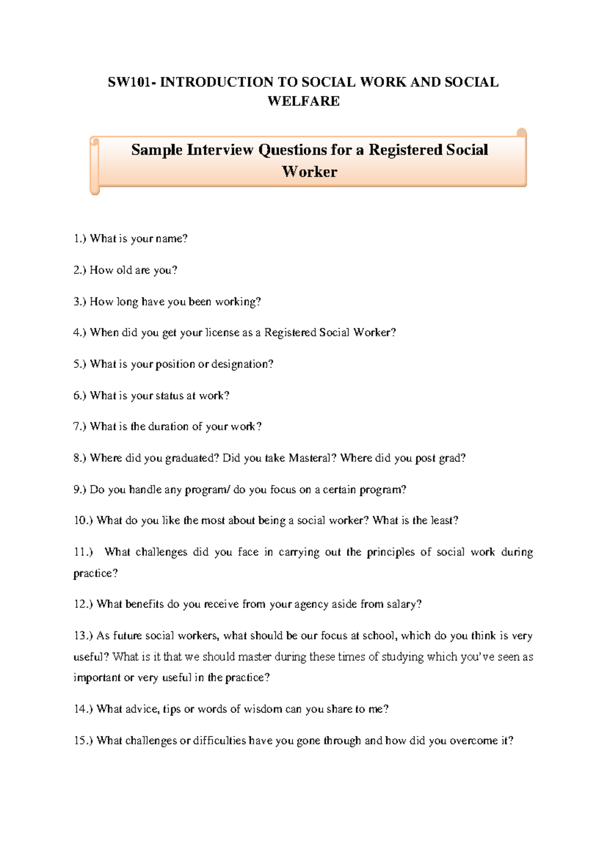 SW101 Sample Interview Questions for Future Social Workers - Studocu