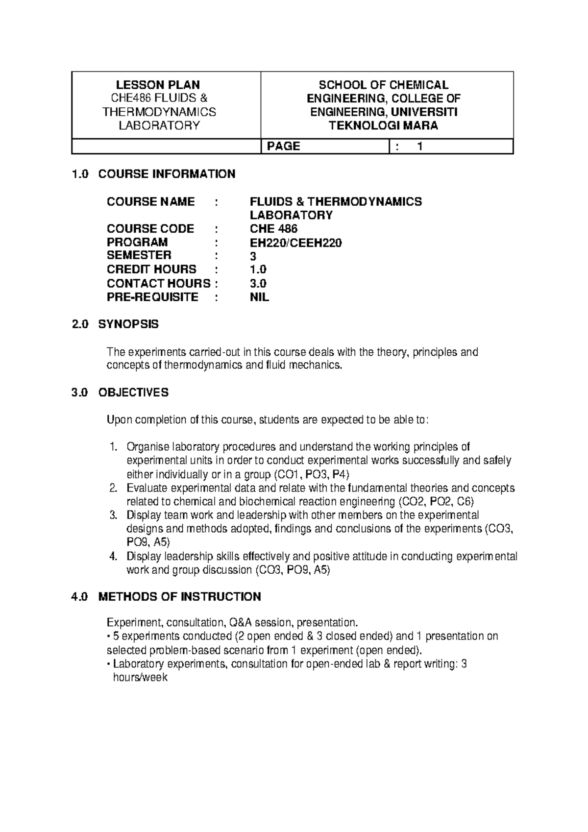 CHE486 Lesson Plan: Fluids & Thermodynamics Laboratory Activities - Studocu
