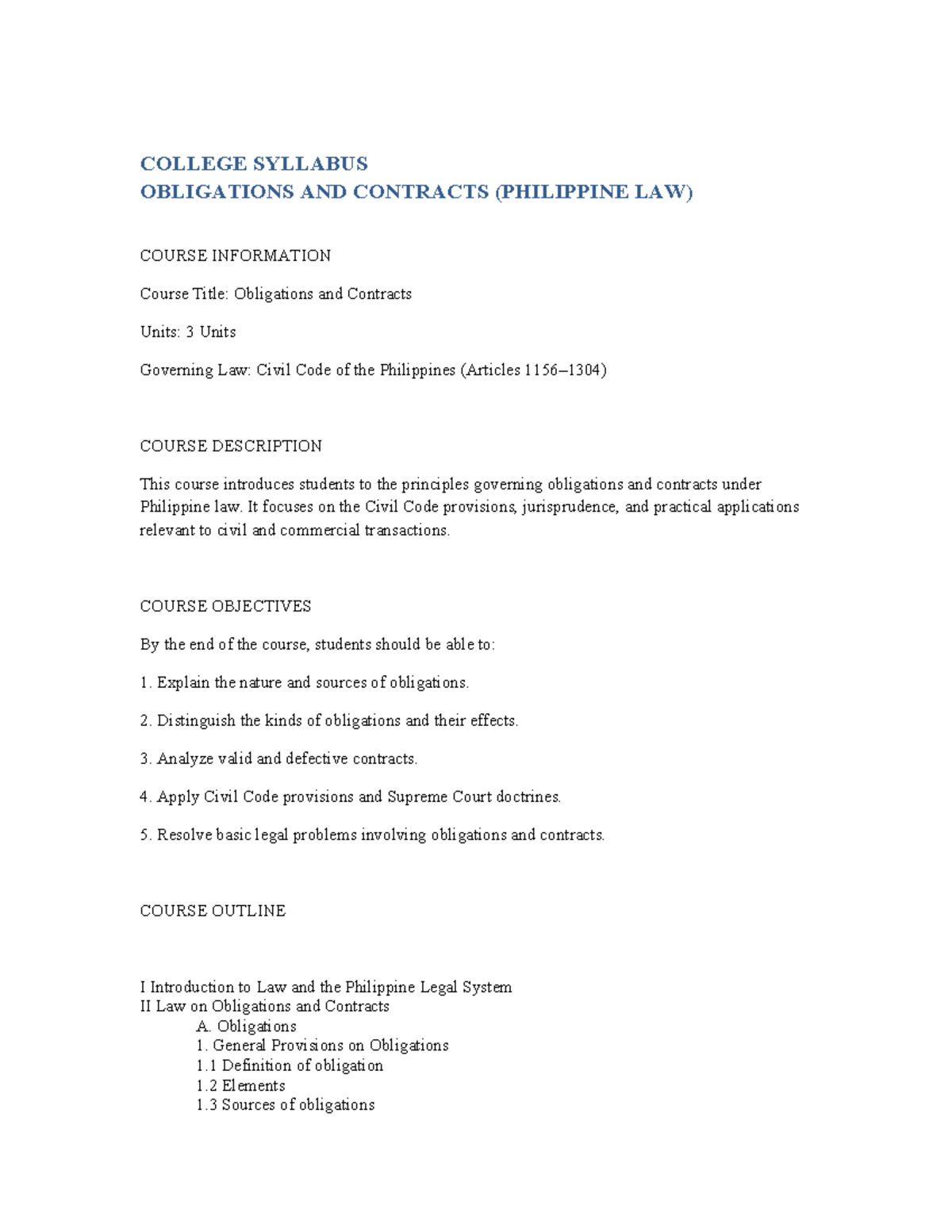 Syllabus for Obligations and Contracts (OBLICON 2526) - Course Overview ...