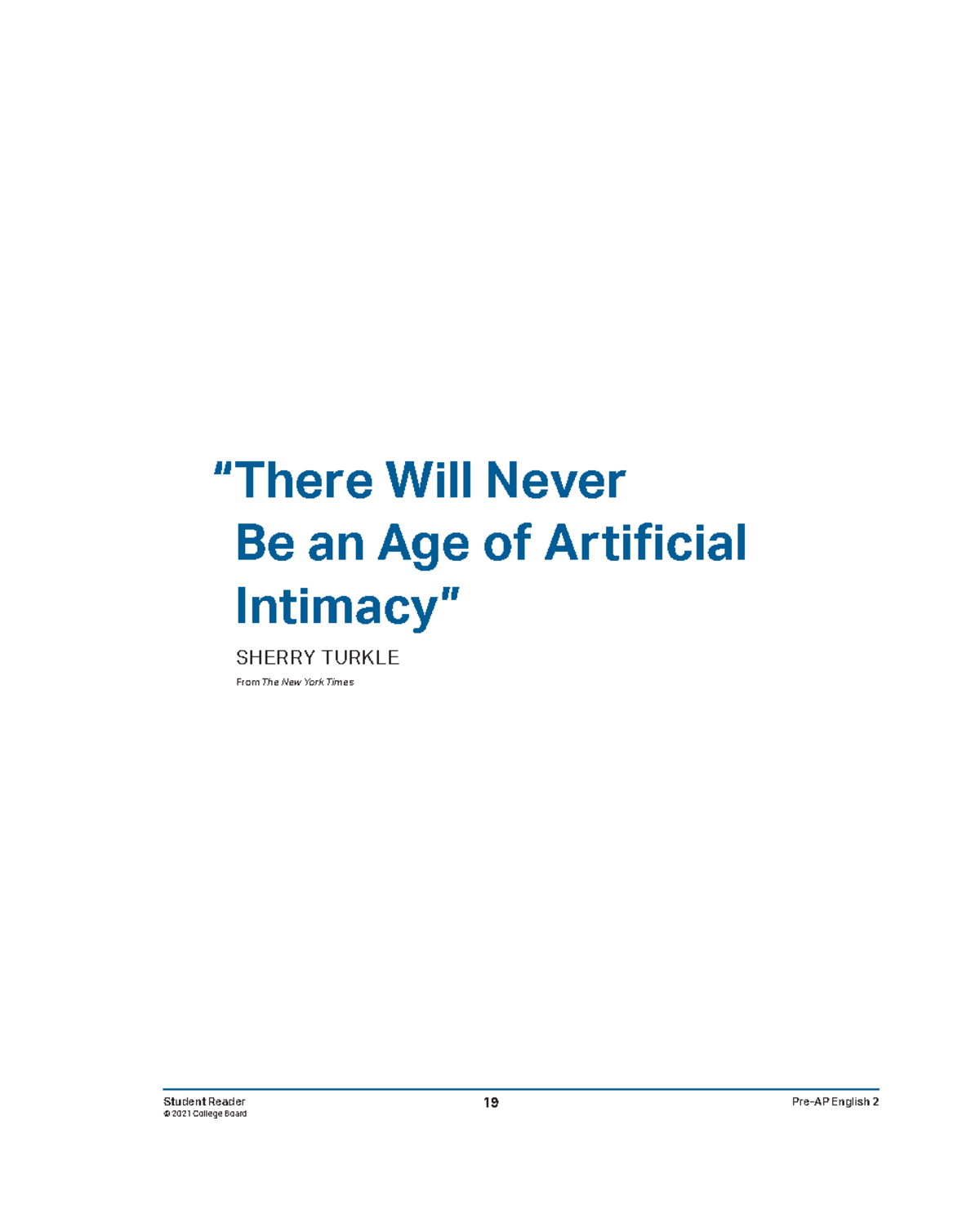 Pre-AP English 2: Sherry Turkle's "Artificial Intimacy" Insights - Studocu