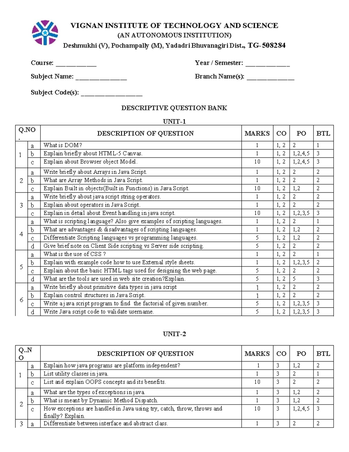 WP Question Bank: Java Programming & Web Technologies (Course Code: CS101) - Studocu