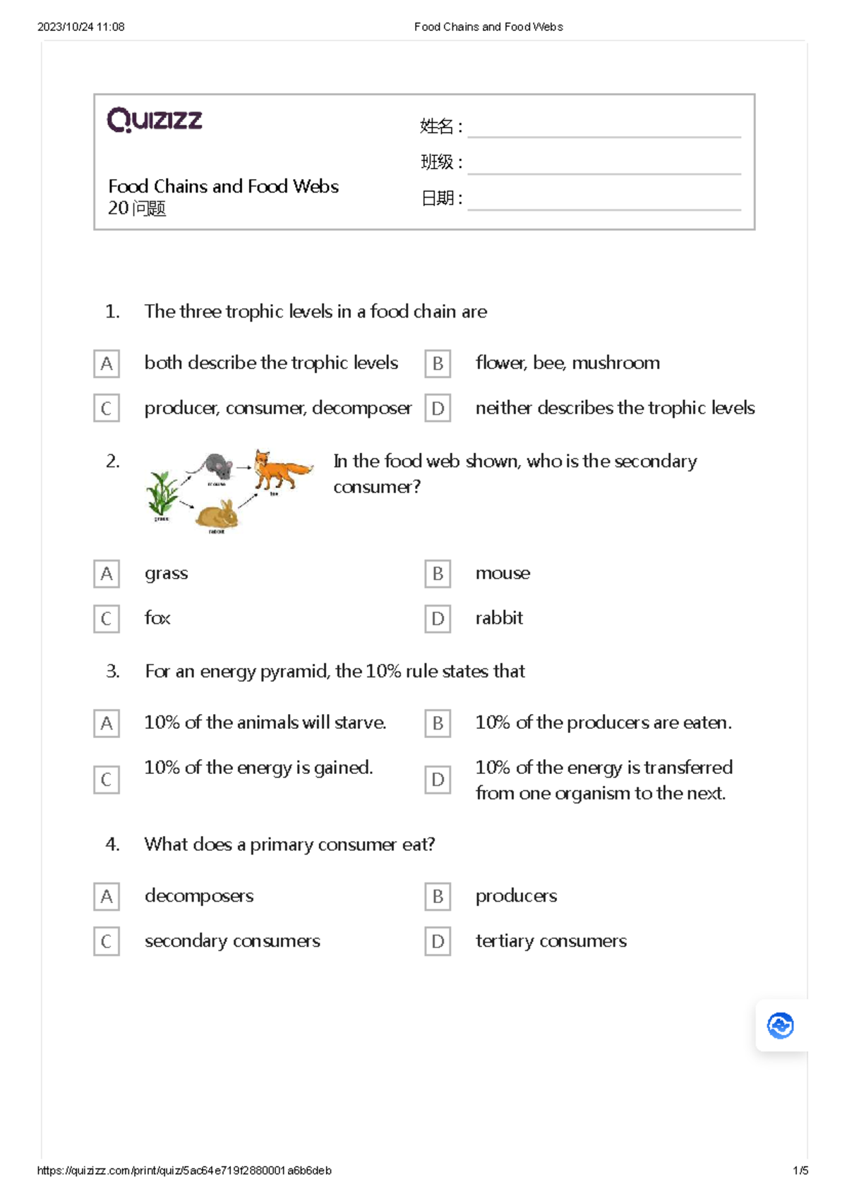 11:08 Food Chains and Food Webs Quiz Questions and Answers - Studocu