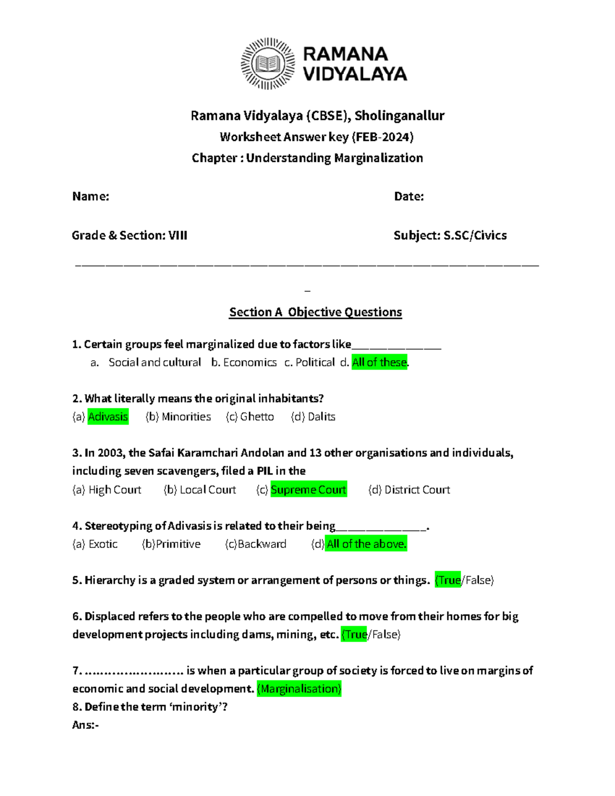 Understanding Marginalisation: Answer Key for CBSE Worksheet - Studocu