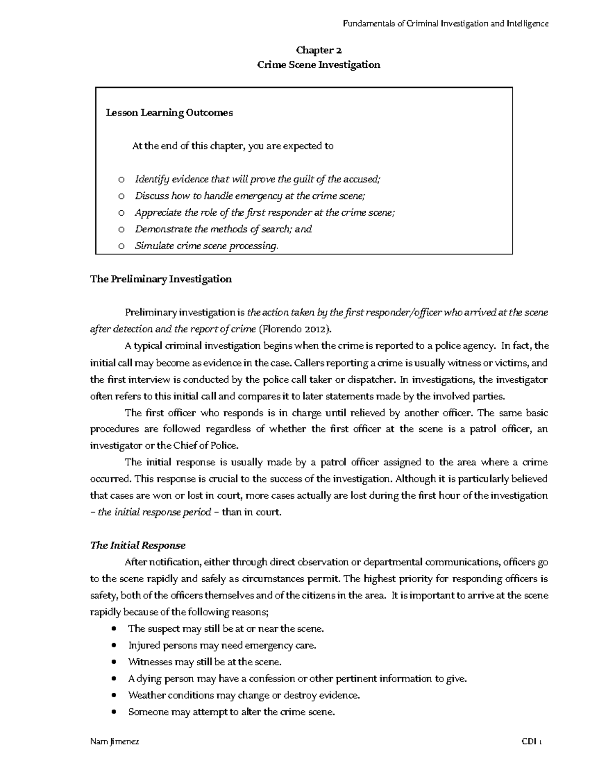 CDI 1 Chapter 2 - Crime Scene Investigation: Key Learning Outcomes ...