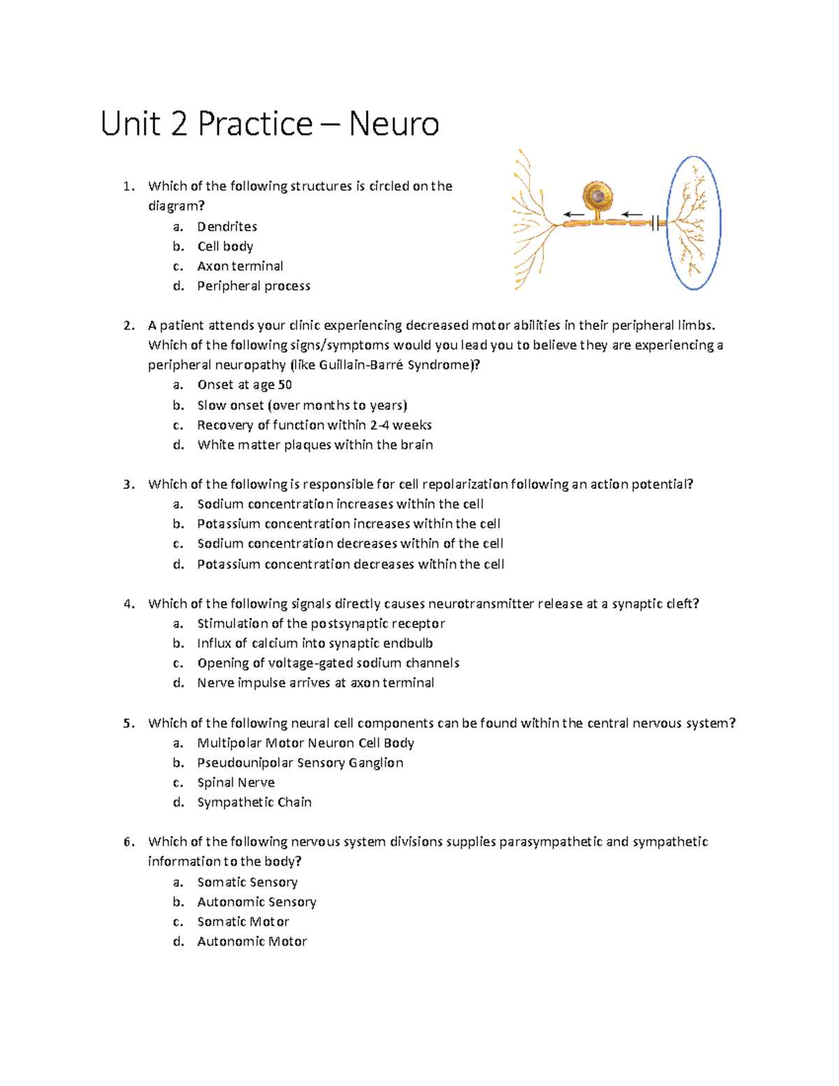 Practice Exam for Unit 2 (Covers CNS, PNS, ANS, Brachial Plexus) - Unit ...