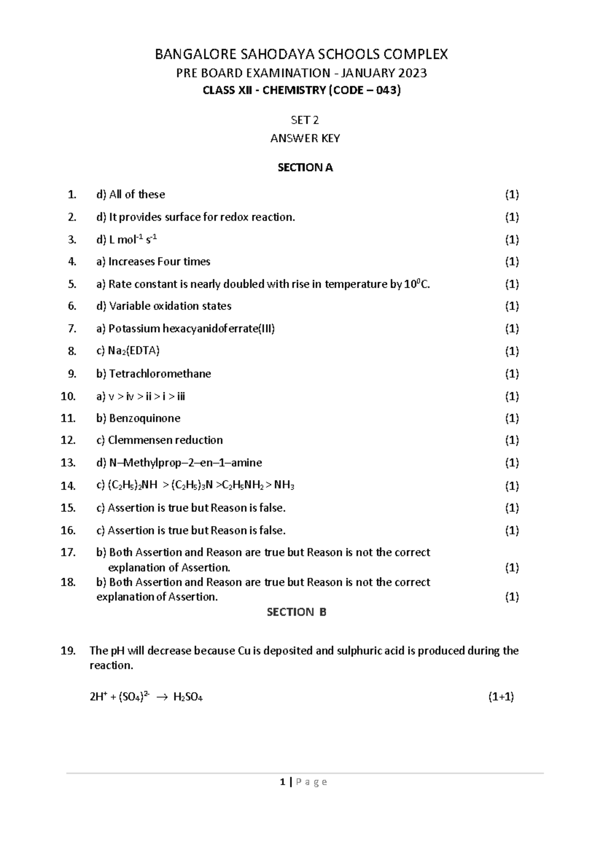 Class XII CHEM Pre-Board Exam Answer Key Set 2 - Jan 2023 - Studocu