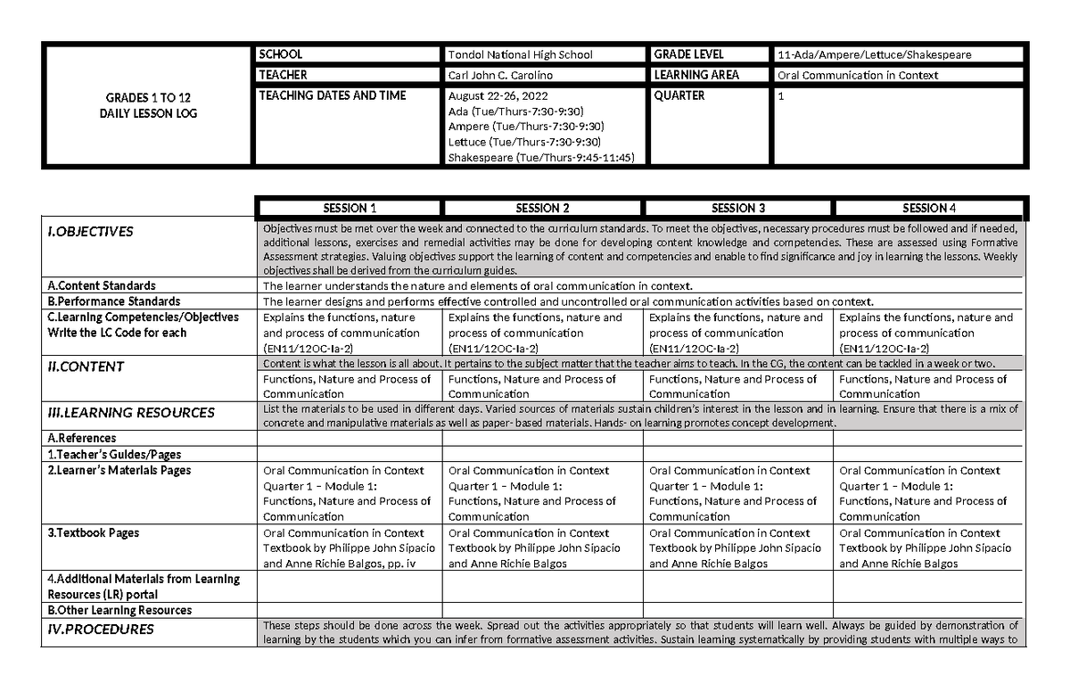 OC 1st Quarter Daily Lesson Log: Oral Communication in Context - Studocu