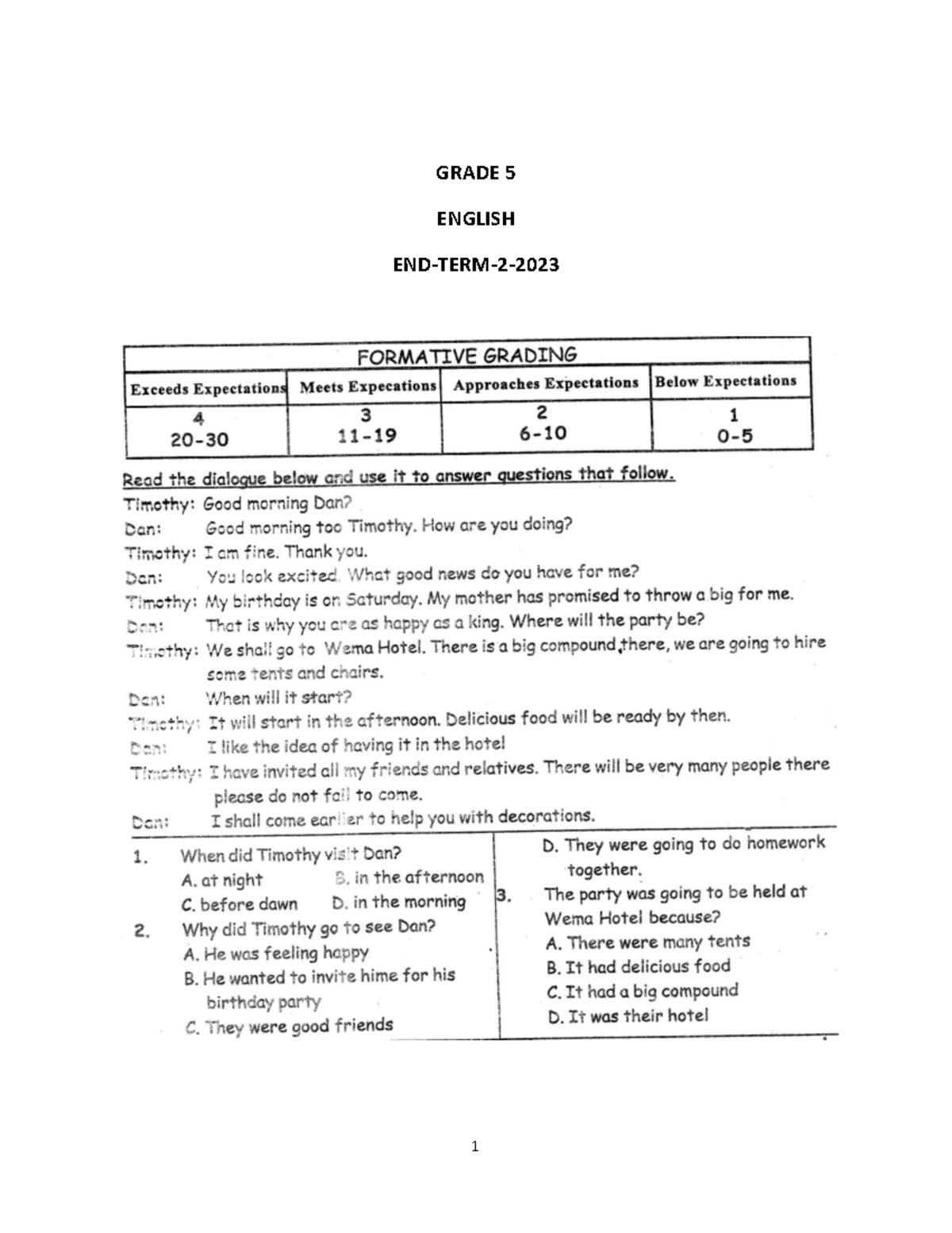 GRADE 5 ENGLISH END TERM 2 2023 FORMATIVE ASSESSMENT QUESTIONS - Studocu
