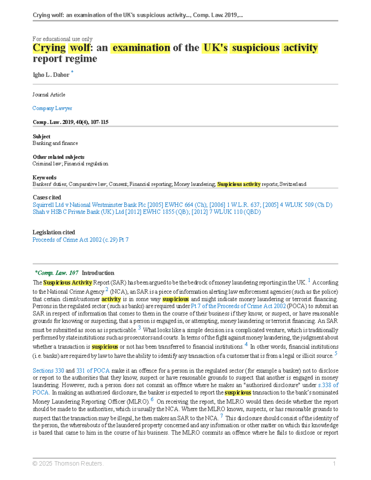 Crying Wolf: Analyzing the UK's Suspicious Activity Report Regime, Comp ...