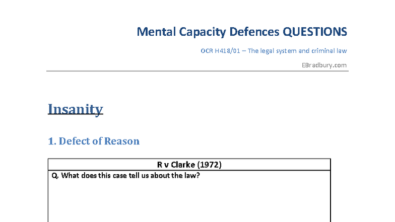 Mental Capacity Defences Questions - OCR Legal System & Criminal Law ...