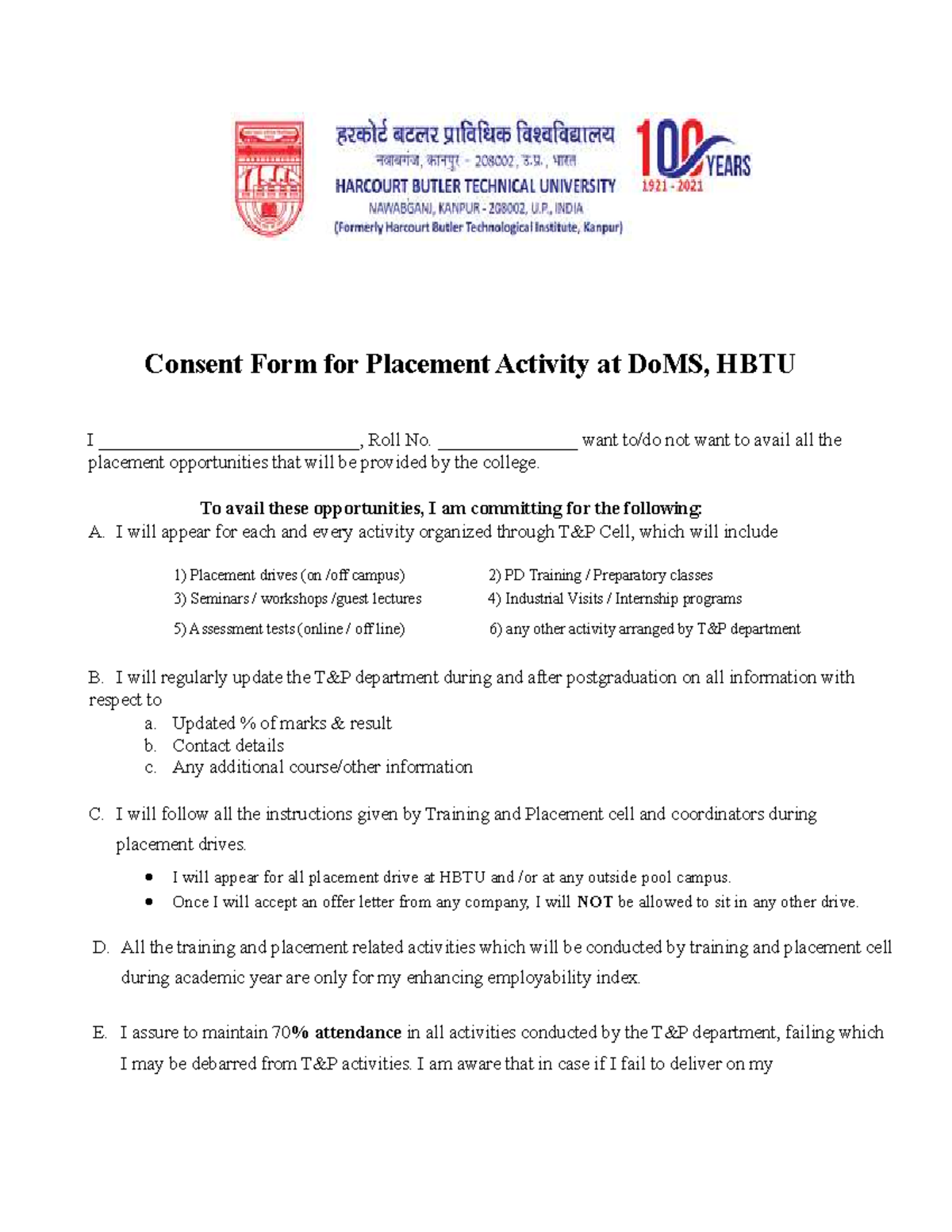 Consent Form for Placement Activity at DoMS, HBTU - Studocu