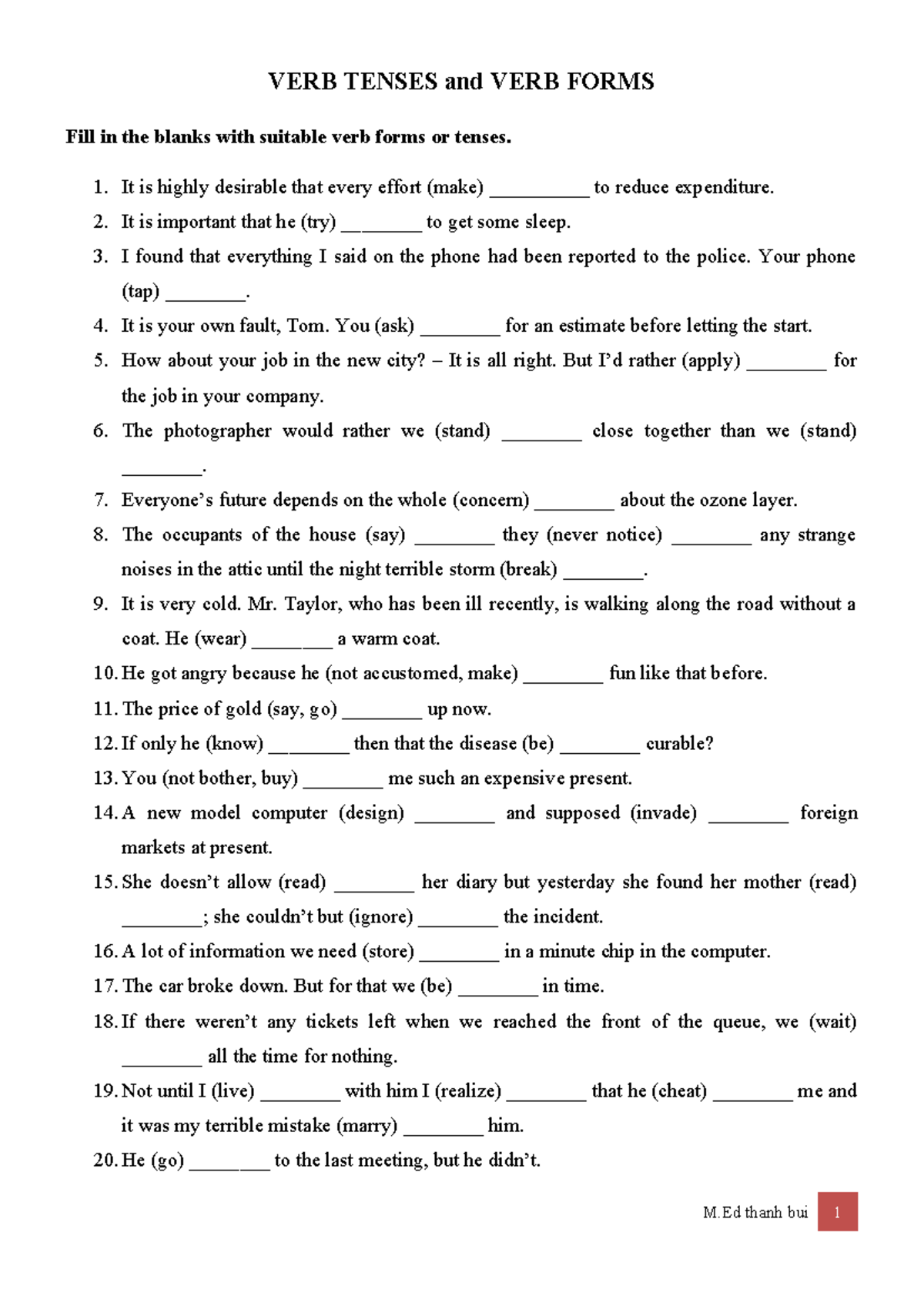 M.Ed Grammar Exercise: Verb Forms & Tenses (2019) - Studocu