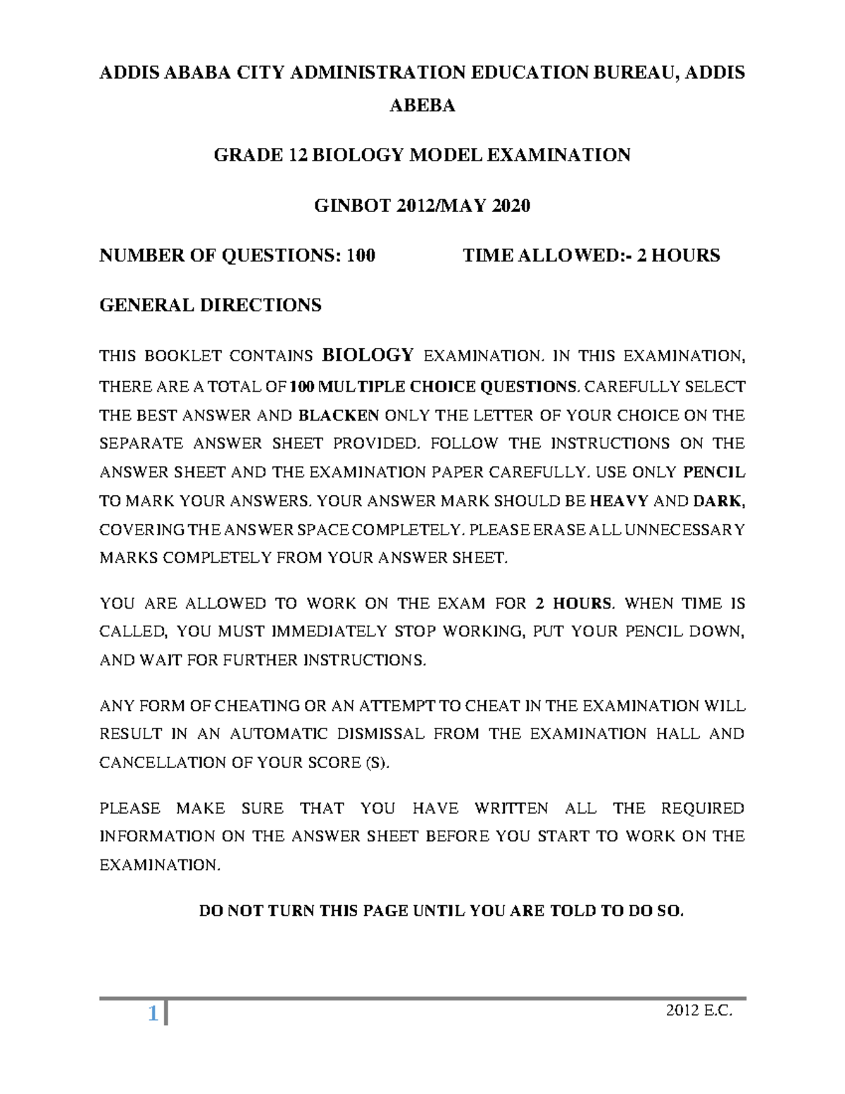 Biology Model Exam for Grade 12 - Addis Ababa 2020 (100 Questions ...