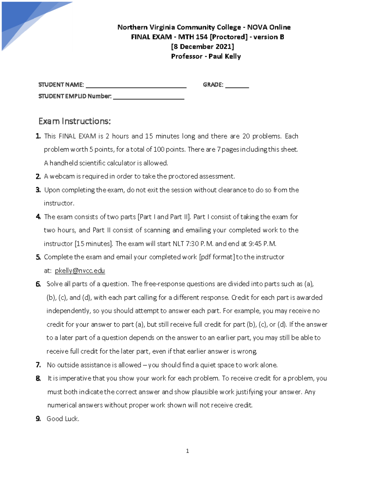 MTH 154 Final Exam [Wed 8 December 2021] Proctored - Student version B ...