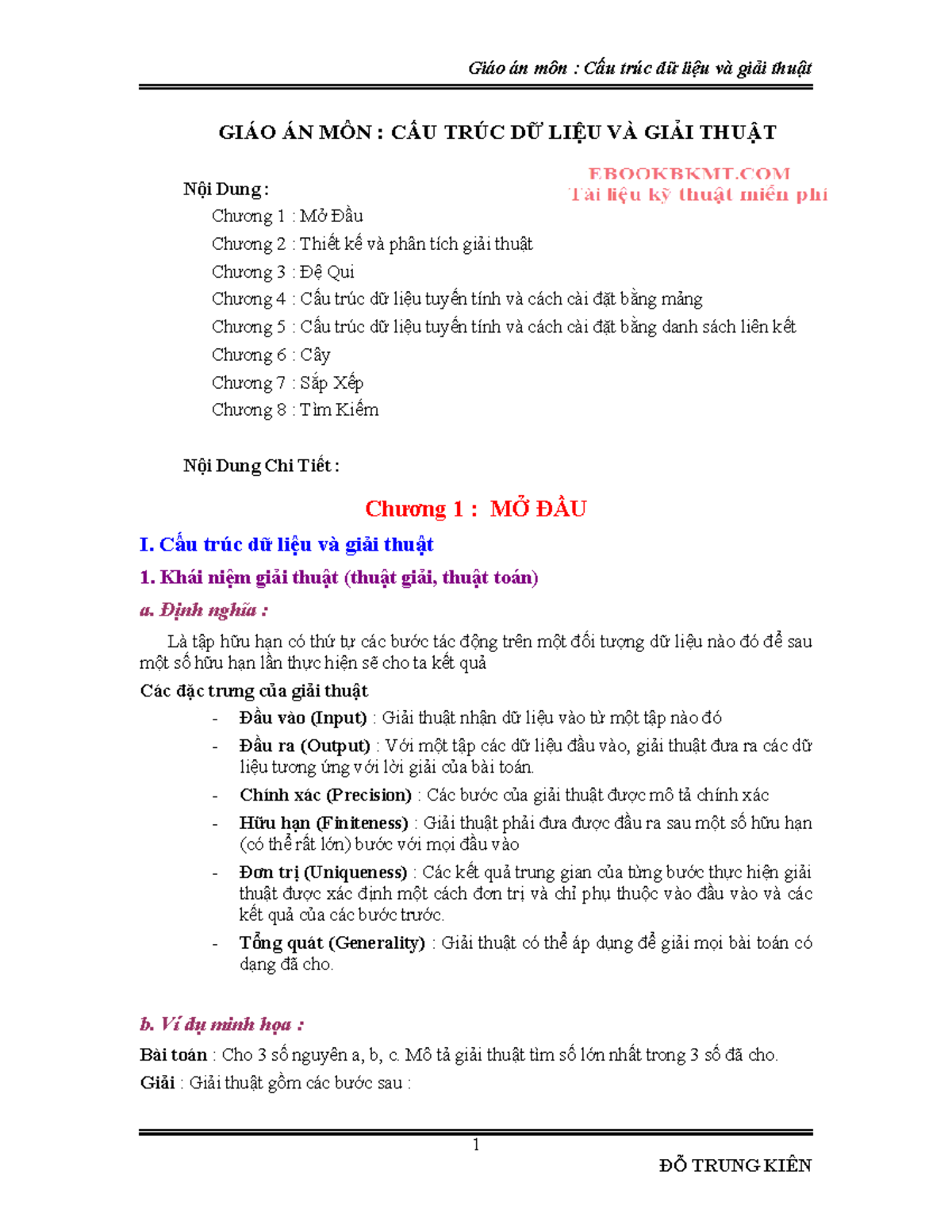 GIÁO ÁN Cấu trúc dữ liệu và giải thuật Đỗ Trung Kiên - 1 GI¡O ¡N M‘N : CẤU TR⁄C DỮ LIỆU V¿ GIẢI ...