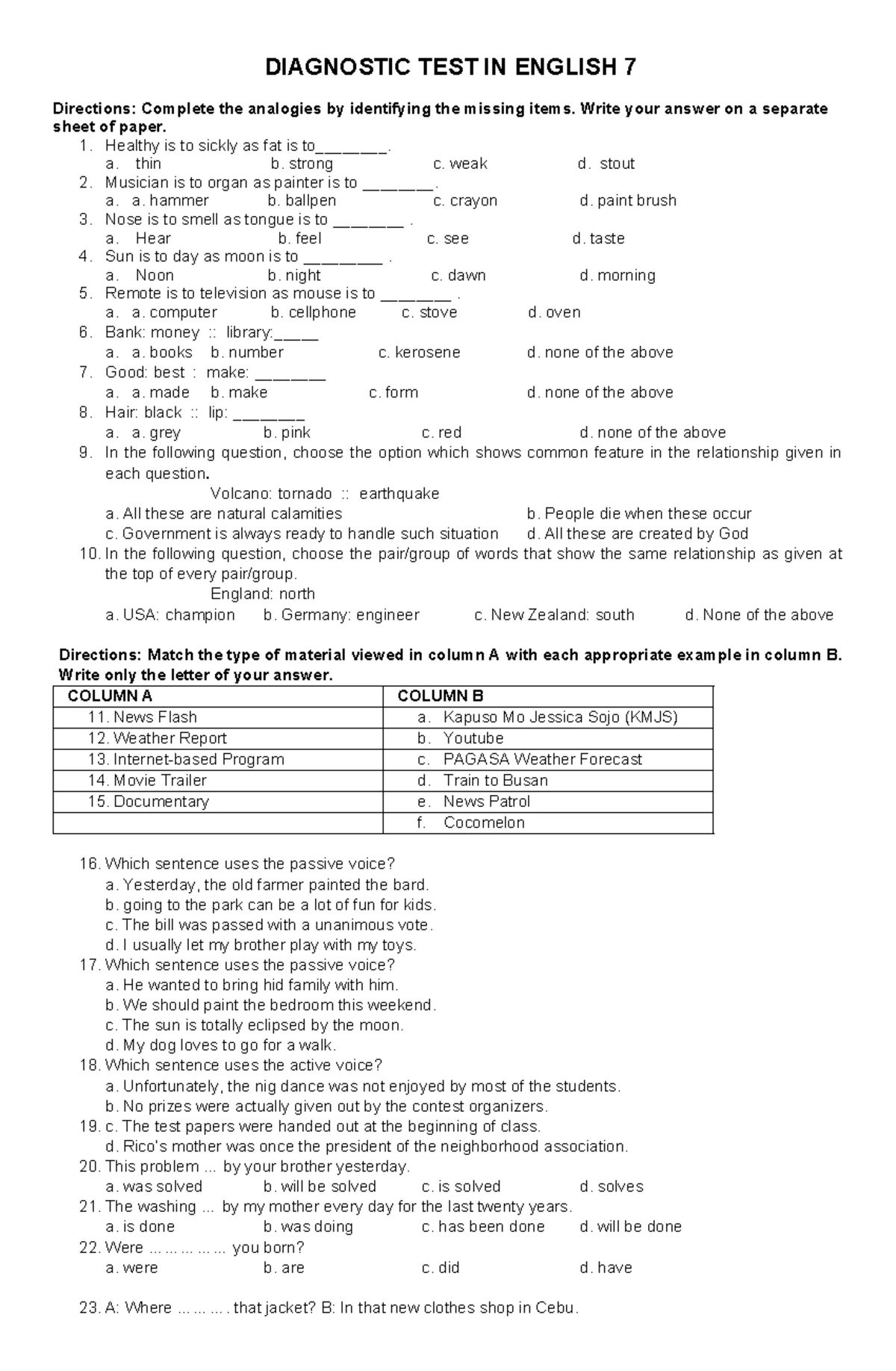 Diagnostic Test in English 7: Vocabulary & Reading Comprehension - Studocu