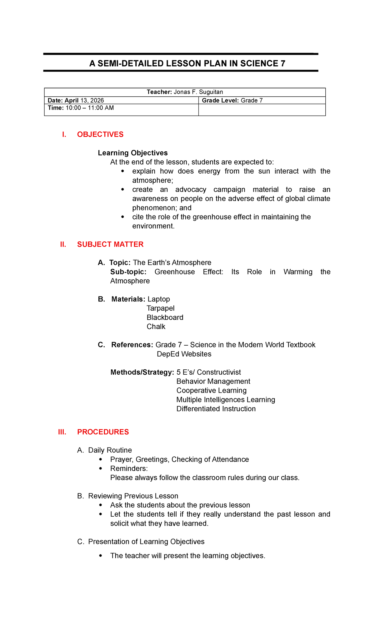 Science 7 Lesson Plan: Understanding the Greenhouse Effect - Studocu