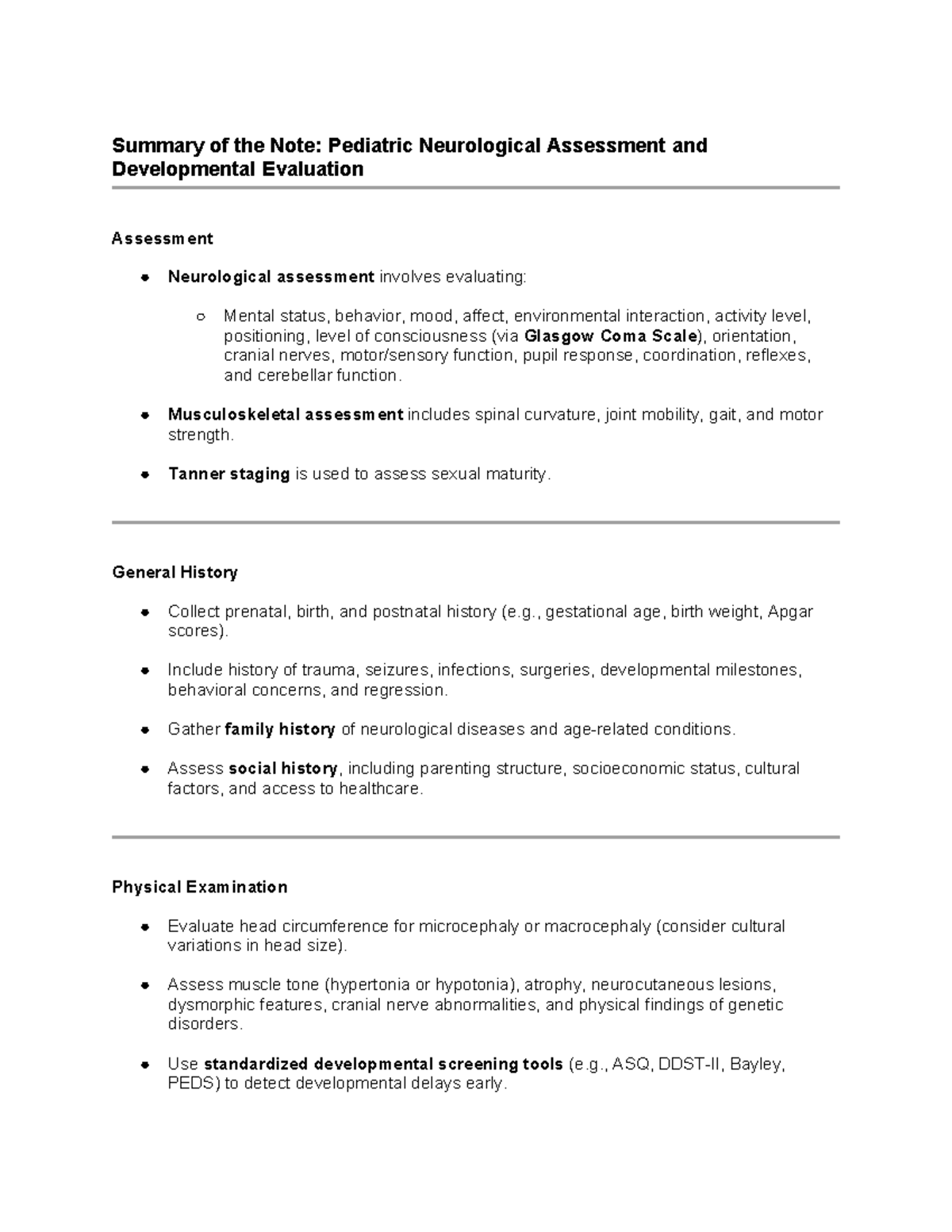 Pediatric Neurological Assessment & Developmental Evaluation Summary ...