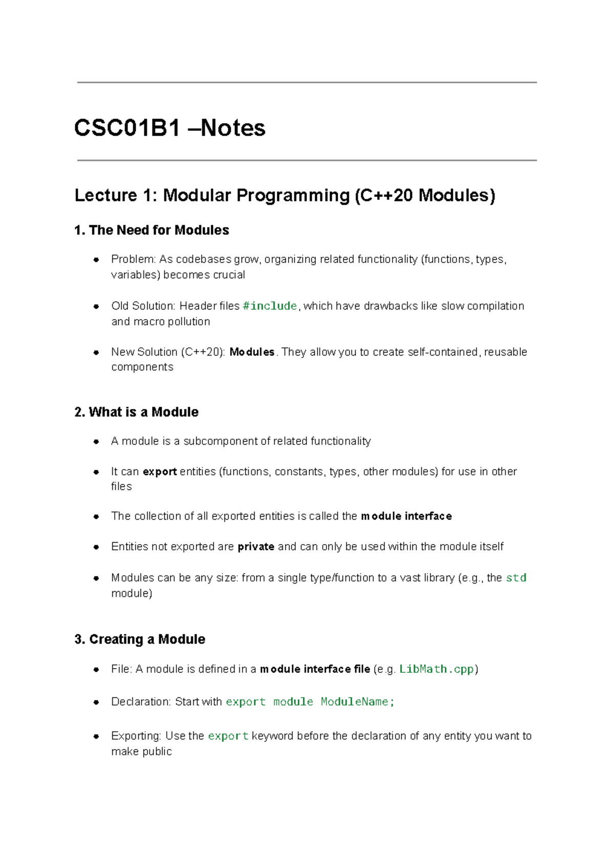 CSC01B1 Lecture Notes: Modular Programming & Class Concepts - Studocu