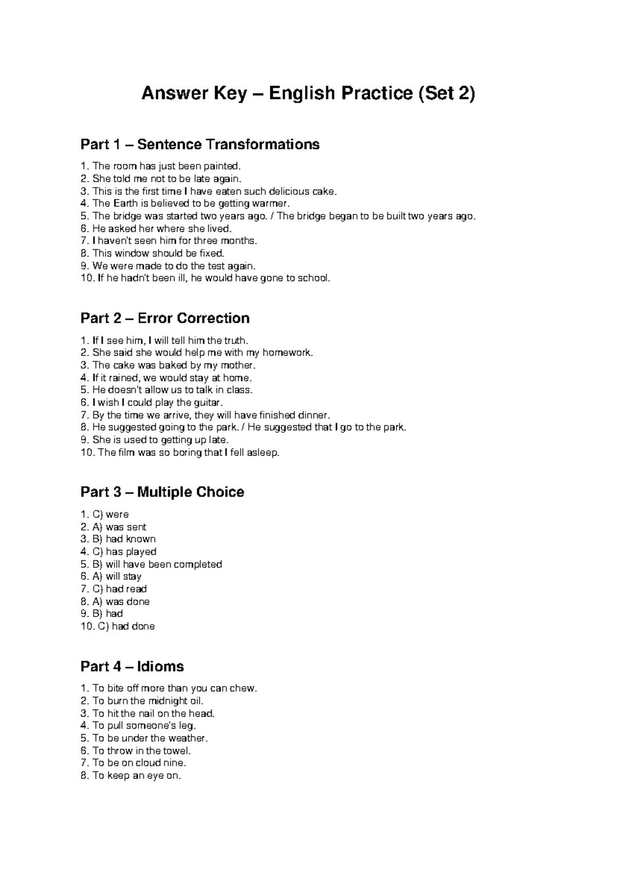 English Practice Set 2: Answer Key for Transformations & Corrections ...
