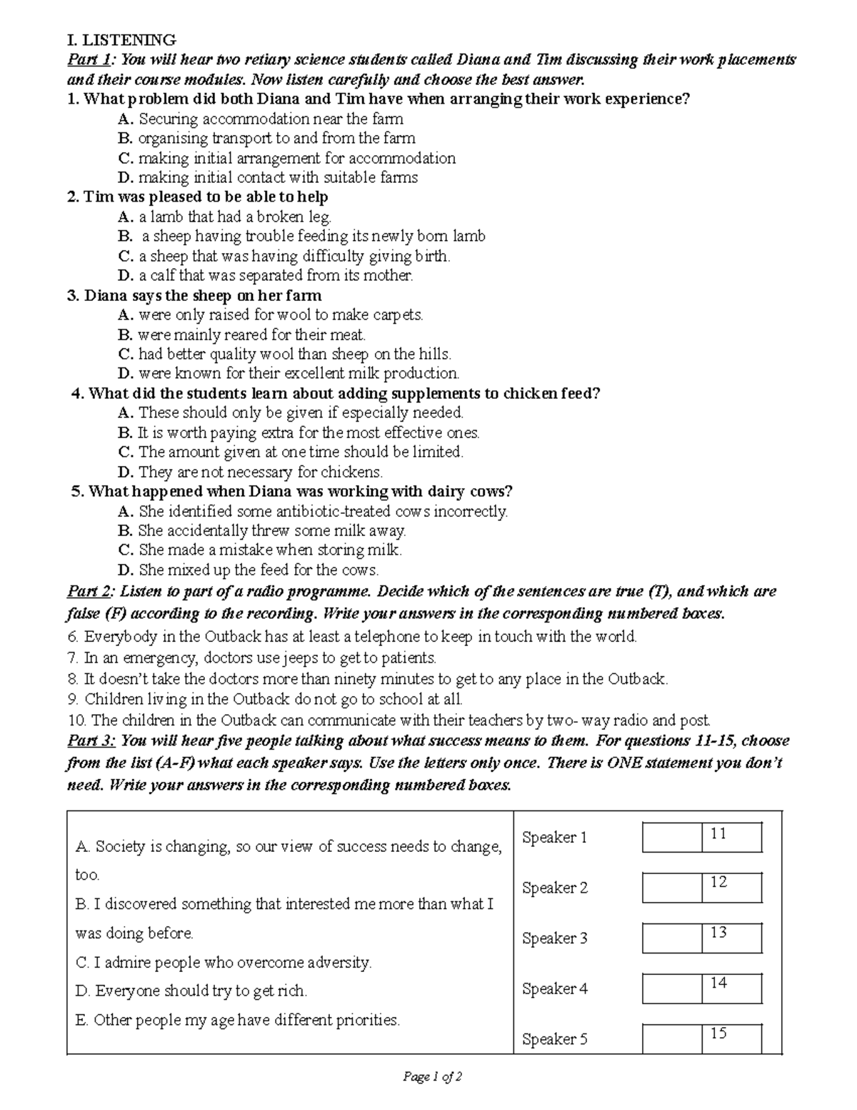 DE P1 - Listening Comprehension Practice: Work Placements & Success ...