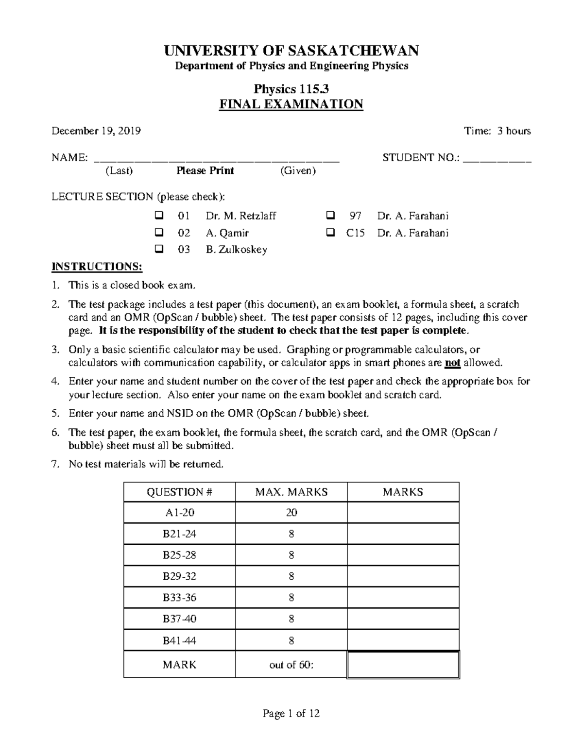 Physics 115.3 Final Examination December 2019 - Studocu