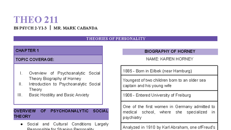 THEO 211 BS: Theories of Personality - Chapter 1: Karen Horney's Biography - Studocu