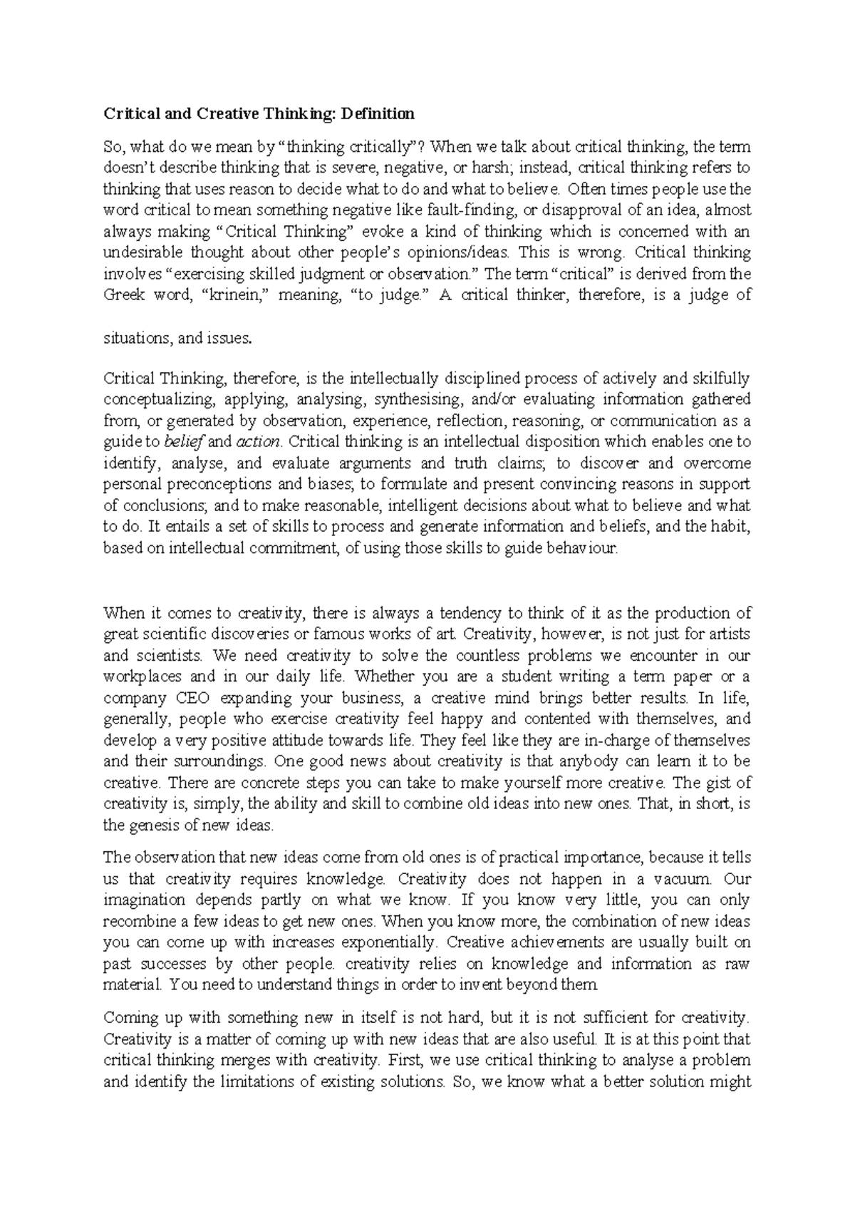 Week 1 (Fundamentals of Creative and Critical Thinking) note - Critical ...