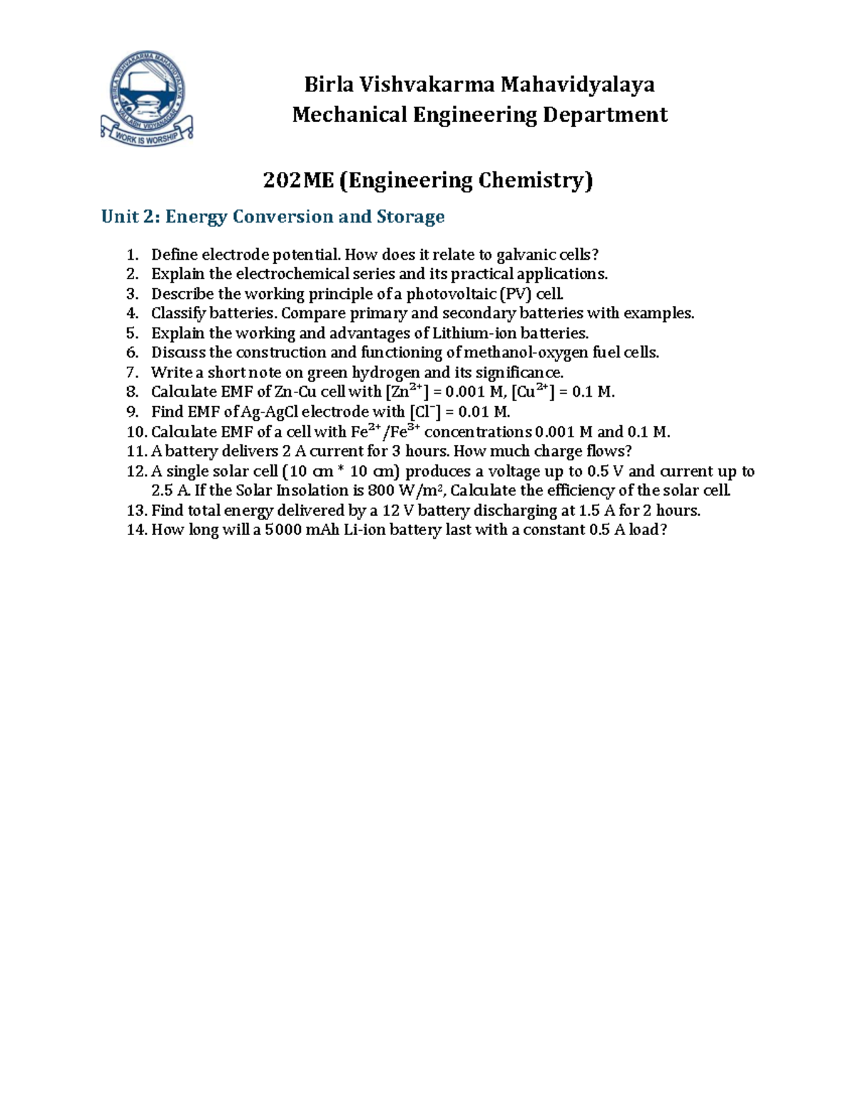 202ME Engineering Chemistry Unit 2: Energy Conversion & Storage - Studocu